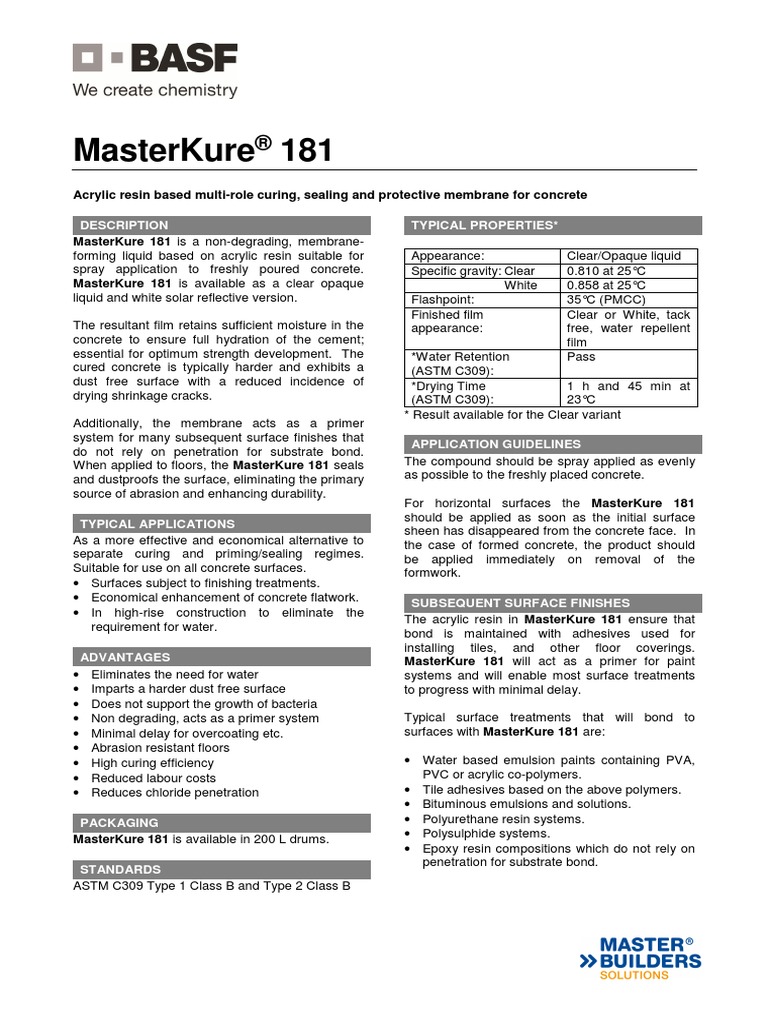 Masterkure 181: Description Typical Properties | PDF | Concrete | Paint