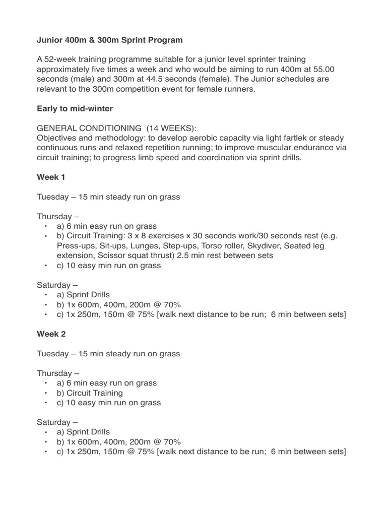 Junior 400m & 300m Sprint Training Plan | PDF | Aerobic Exercise ...