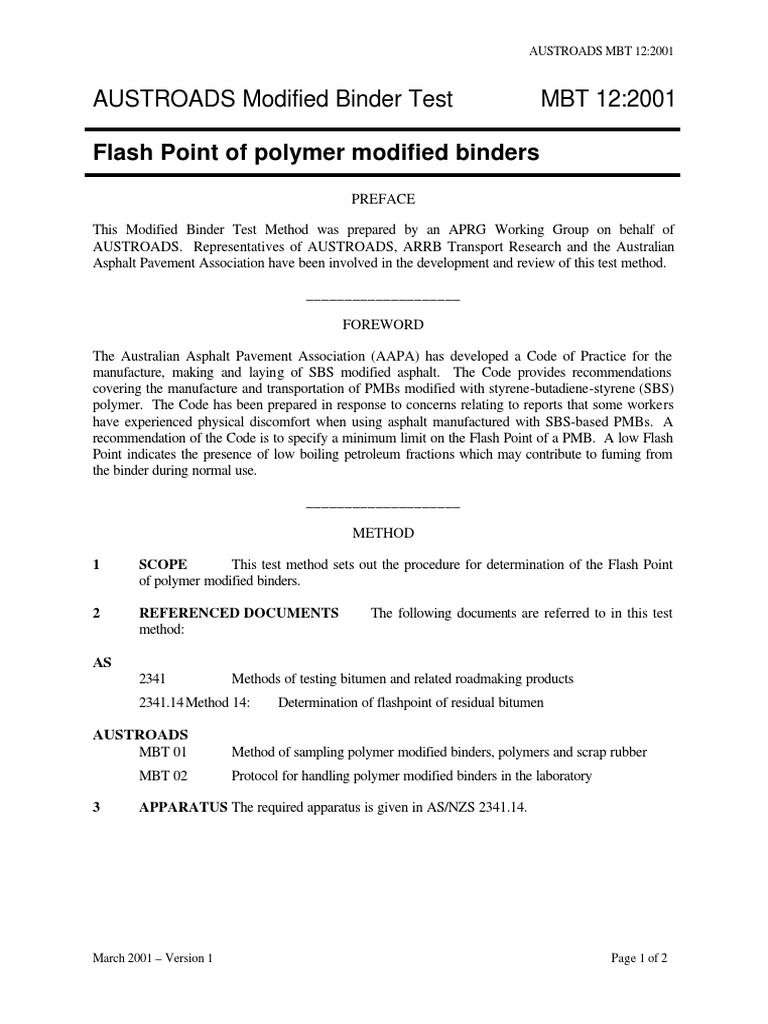 Flash Point of Polymer Modified Binders: AUSTROADS Modified Binder Test ...