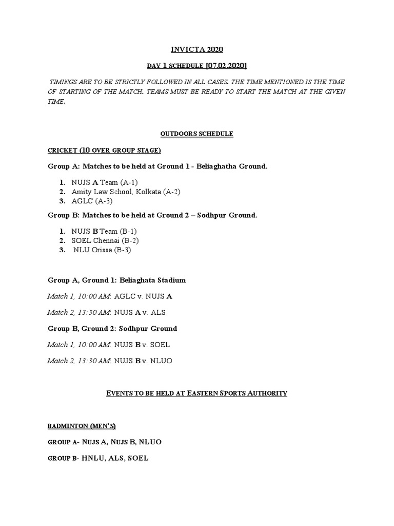 Day 1 Final Schedule | PDF | Sports | Sports Competitions