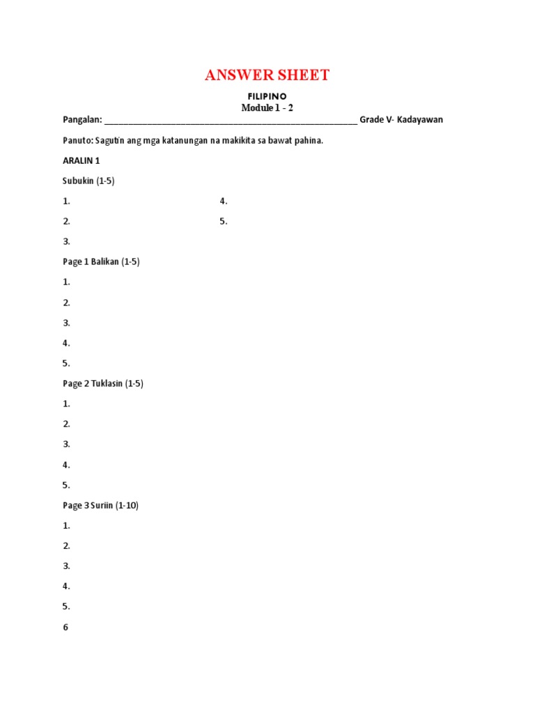 ANSWER SHEET Filipino Module 1-2 | PDF