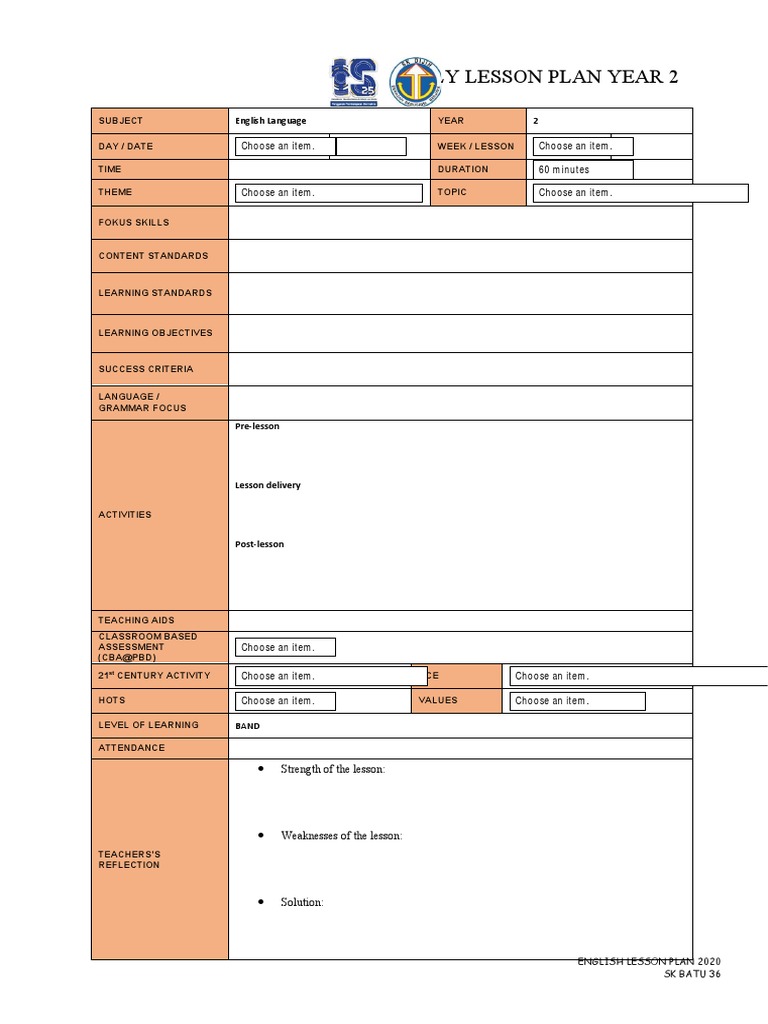 Daily Lesson Plan Year 2: English Language 2 1 Choose An Item. Choose ...