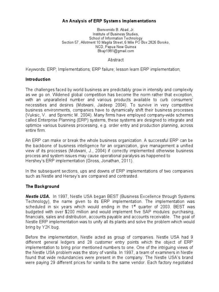 An Analysis of ERP Systems Implementations | PDF | Enterprise Resource Planning | Nestlé