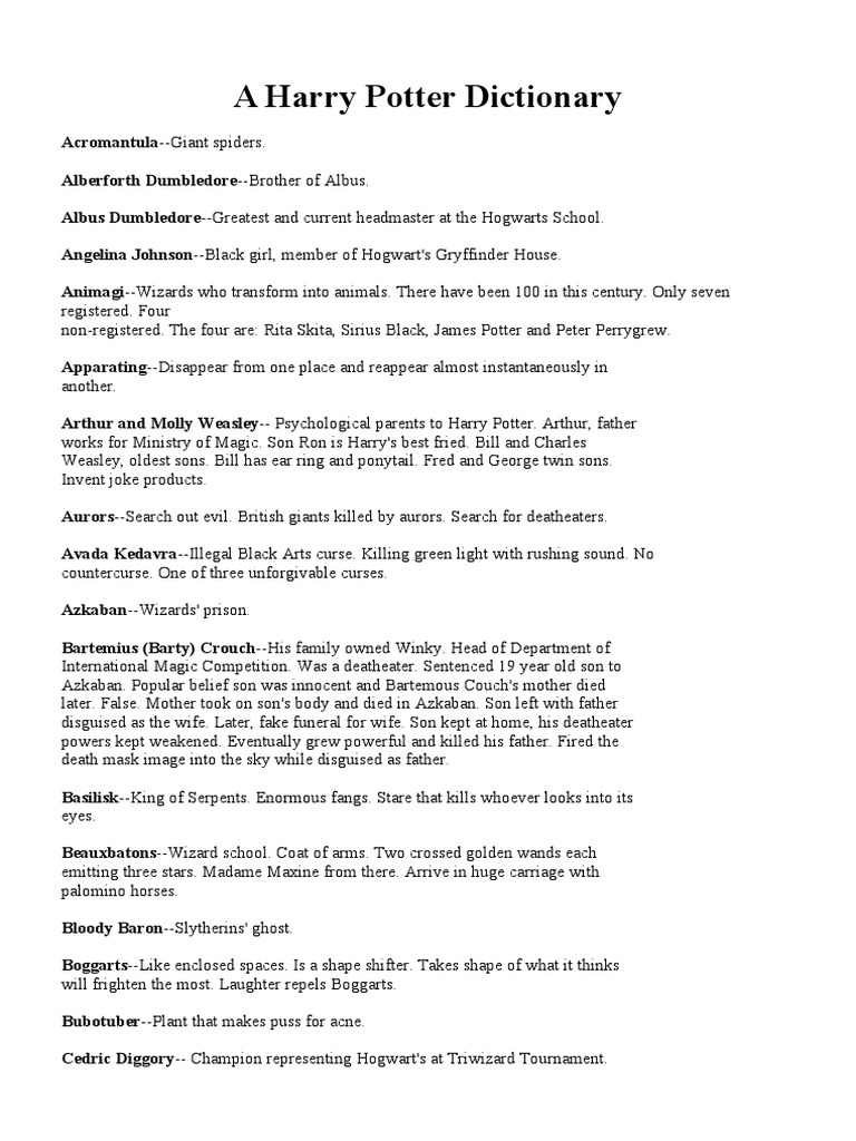Harry Potter Vocabulary Dictionary | PDF | Fictional Locations ...