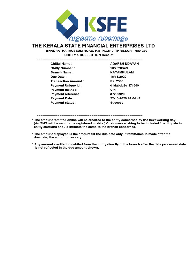 UPI Payment Receipt for Rs. 2500 Towards Chitty Number 13/2020/A/9 of ...