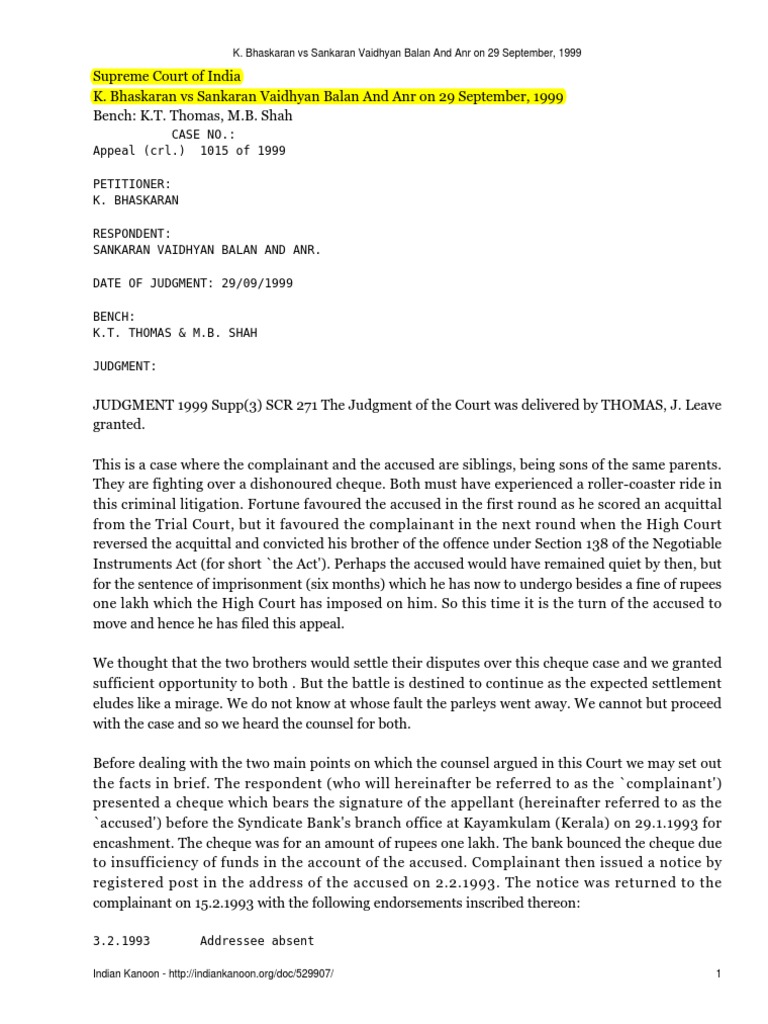 Bhaskaran VS Sankaran PDF | PDF | Magistrate | Cheque