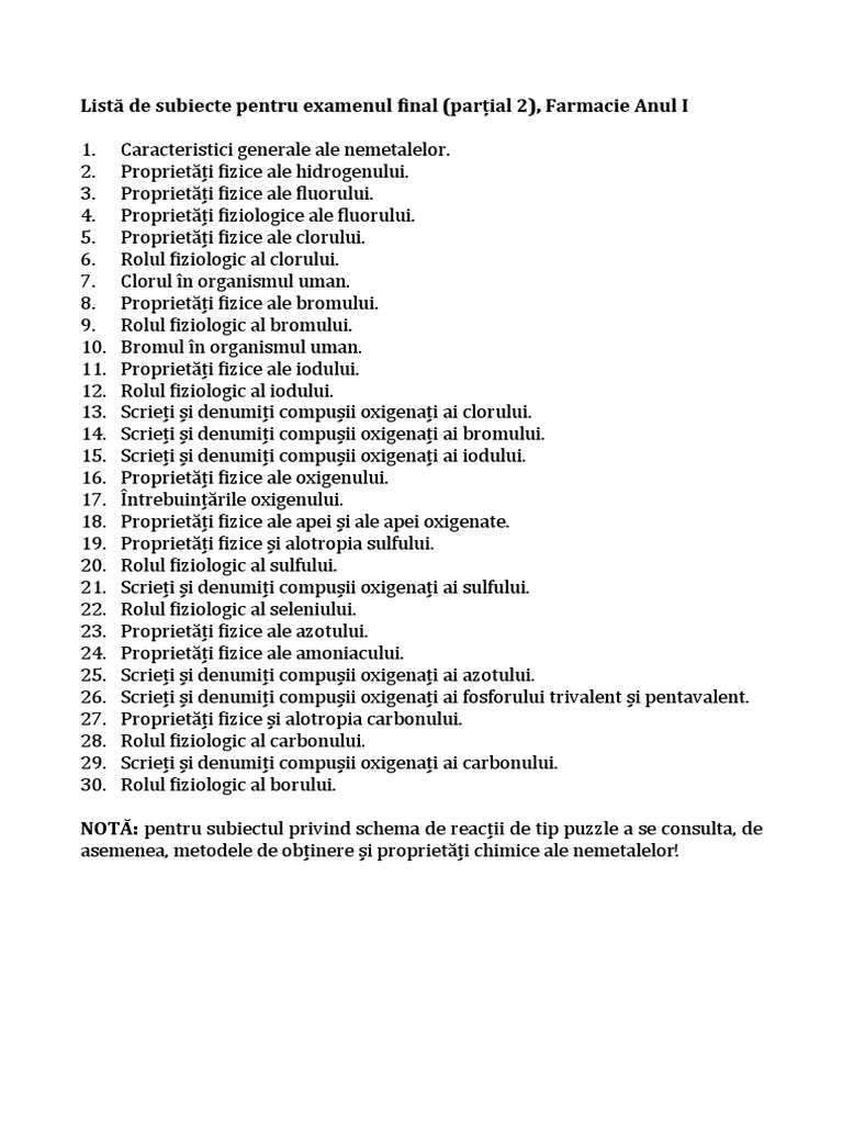 Lista Subiecte Examen Final (Partial 2) - Farmacie Anul I | PDF