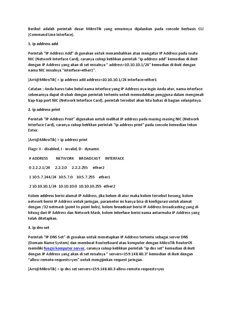 Berikut Adalah Perintah Dasar MikroTik Yang Umumnya Dijalankan Pada Console Berbasis CLI | PDF
