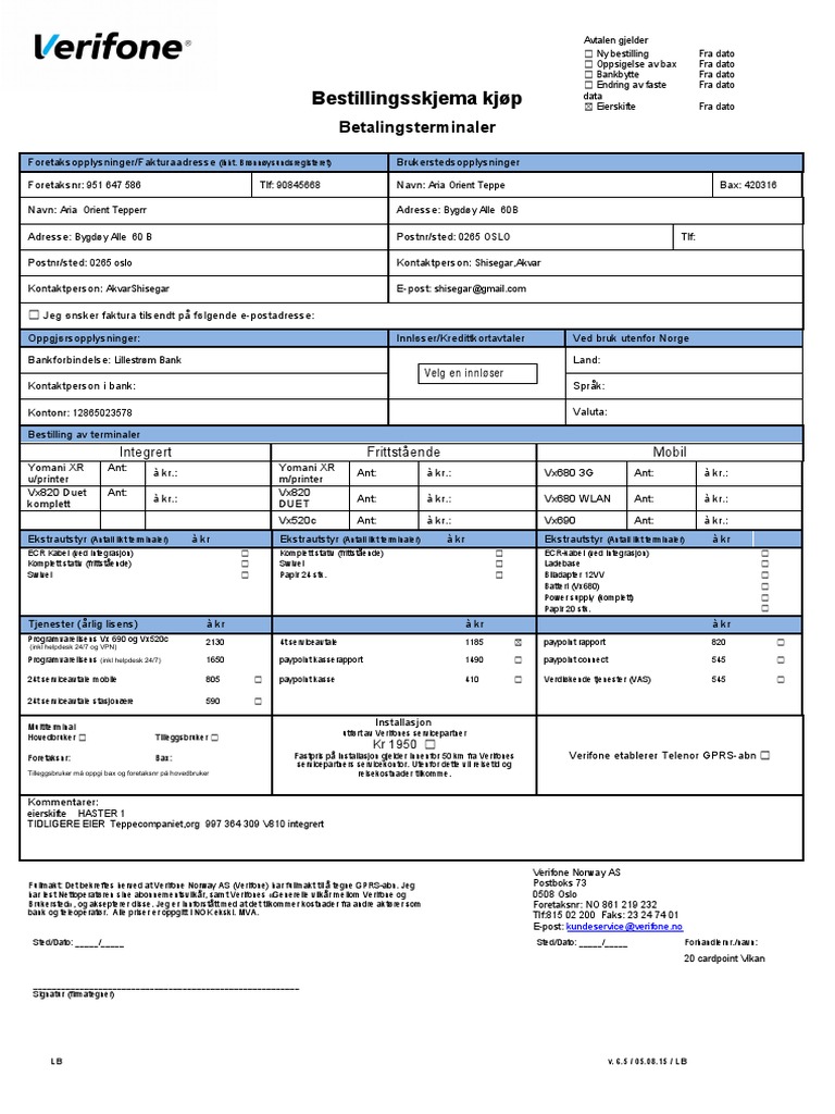 Bestillingsskjema Kjøp Verifone Med Vilkår 2015 - Forhandler (8) Aria | PDF