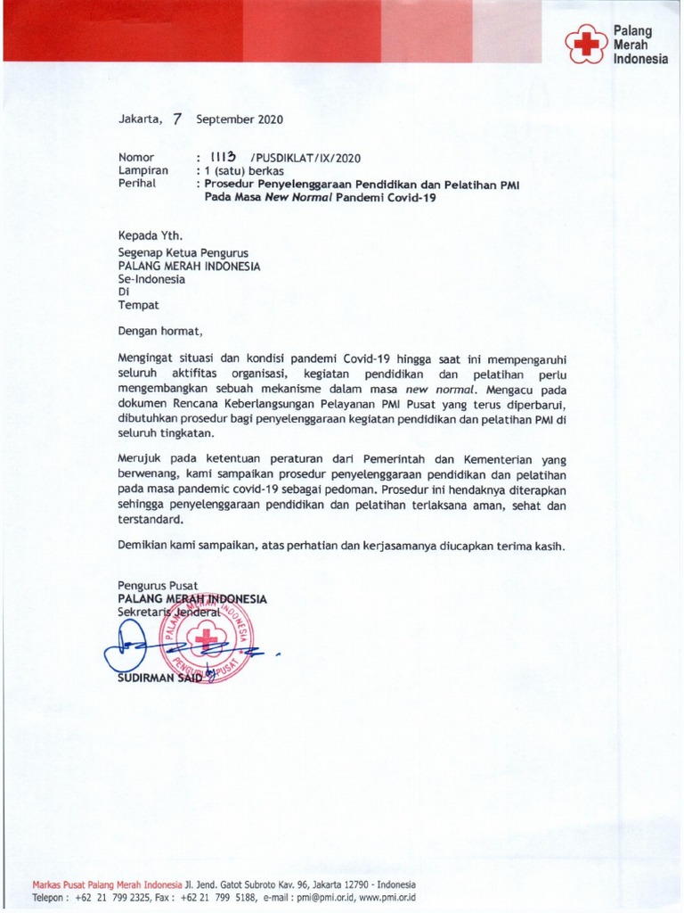 1113 - PMI Se Indonesia - Prosedur Penyelenggaraan DIKLAT Pada Masa New Normal Pademi Covid 19 | PDF