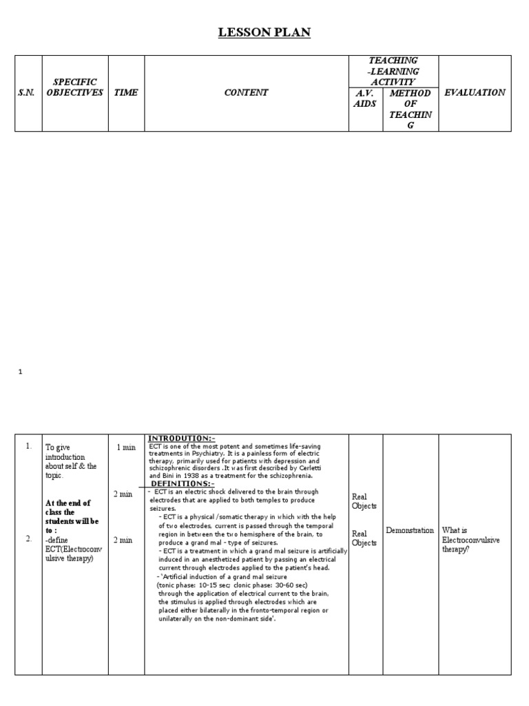 Ect Lesson Plan | PDF | Electroconvulsive Therapy | Medicine