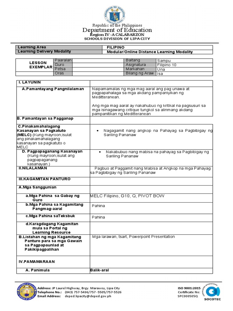 MELC 16 - Filipino 10 - Lesson Exemplar-1 | PDF