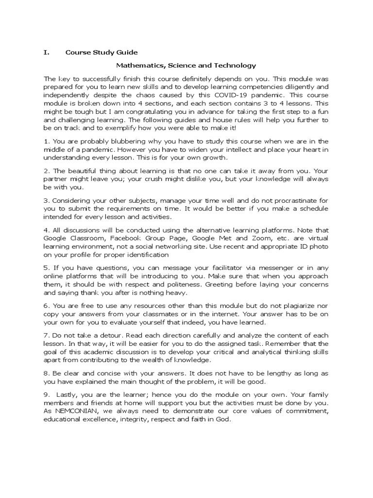 I. Course Study Guide Mathematics, Science and Technology | PDF | Quiz ...