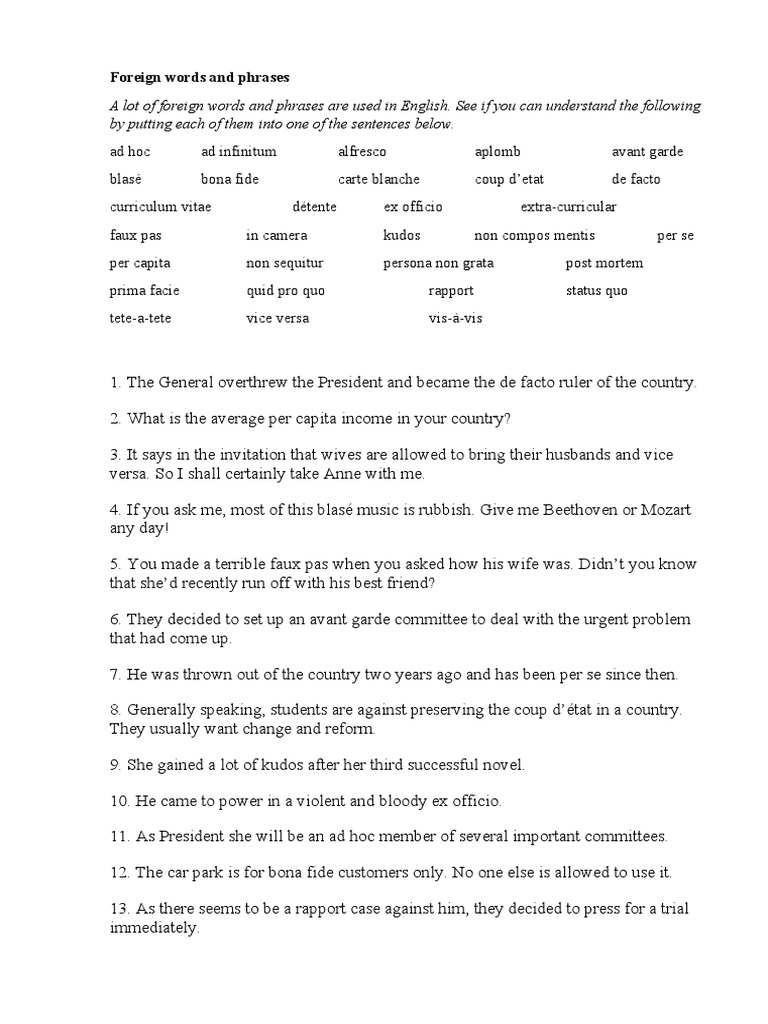 English Learners' Foreign Phrases Quiz | PDF | Government | Violence