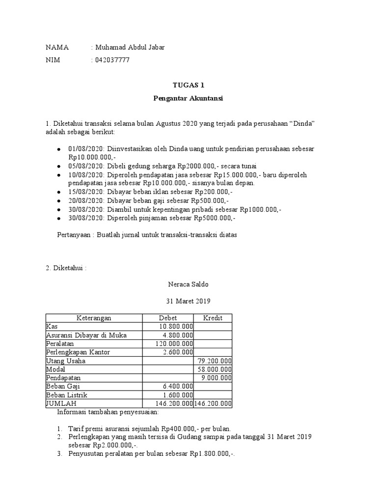 Tugas 1-Pengantar Akuntansi | PDF | Pengelolaan Keuangan & Uang