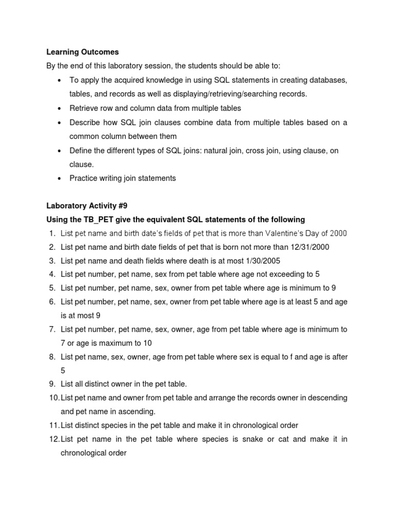 Laboratory Activity 9-10 | PDF | Table (Database) | Sql