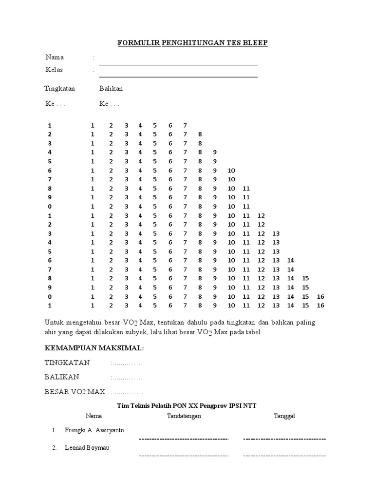 Formulir Penghitungan Tes Bleep | PDF