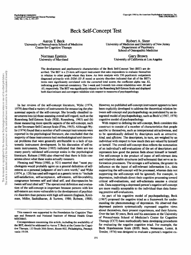 1990 Beck Steer Epstein Brown Beck Self-Concept Test PDF | PDF ...