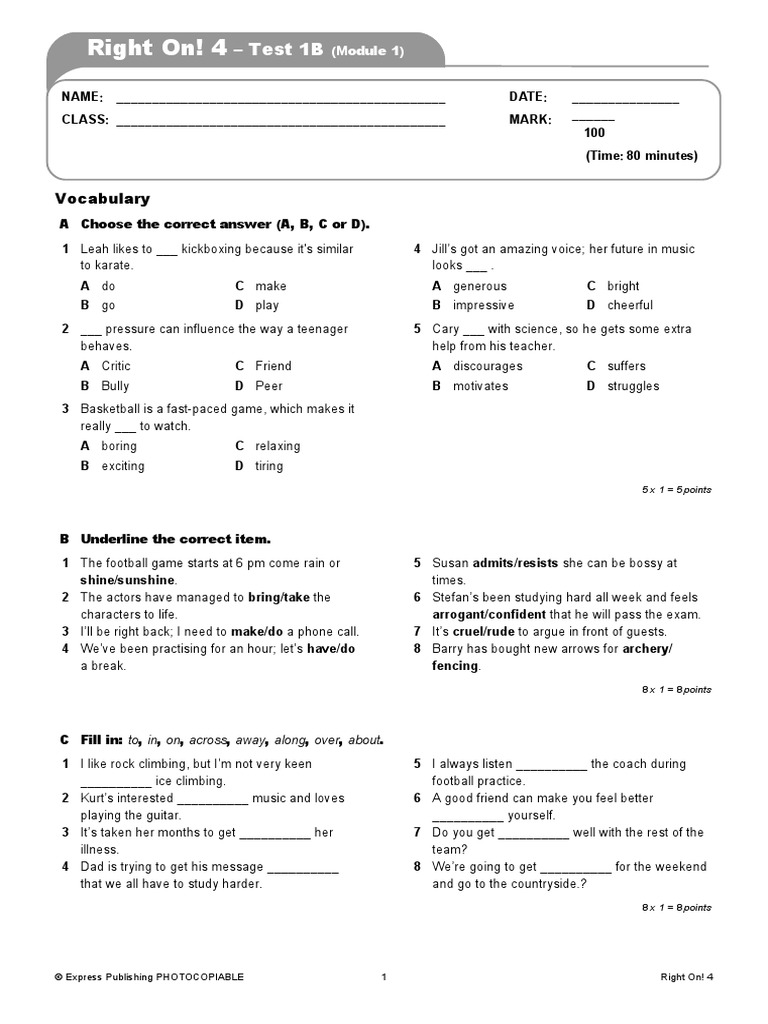 02 Right On 4 - Test 1B - Mod 1 | PDF | Sports