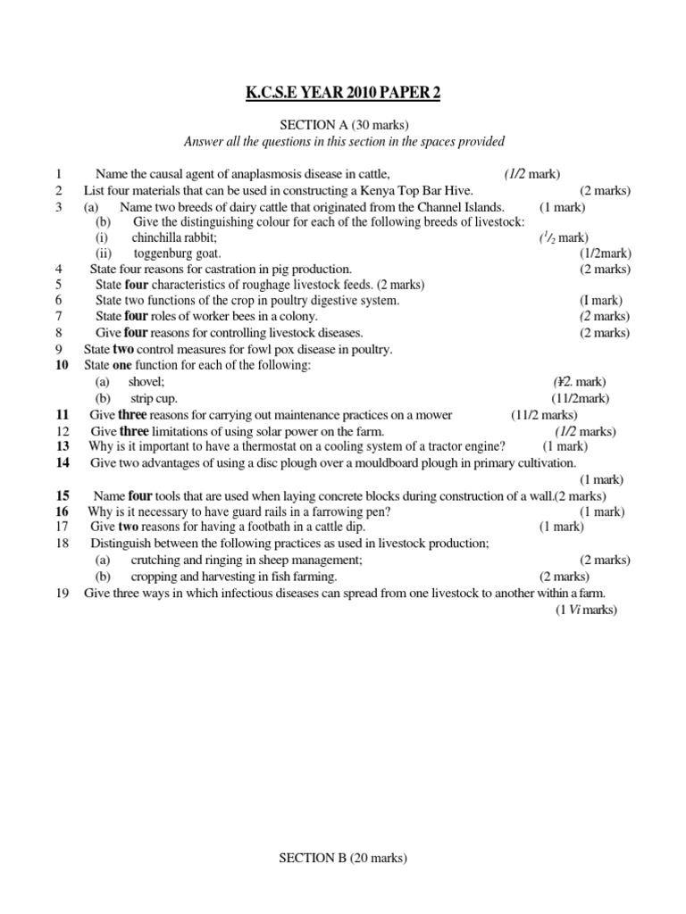 K.C.S.E Year 2010 Paper 2: Answer All The Questions in This Section in ...