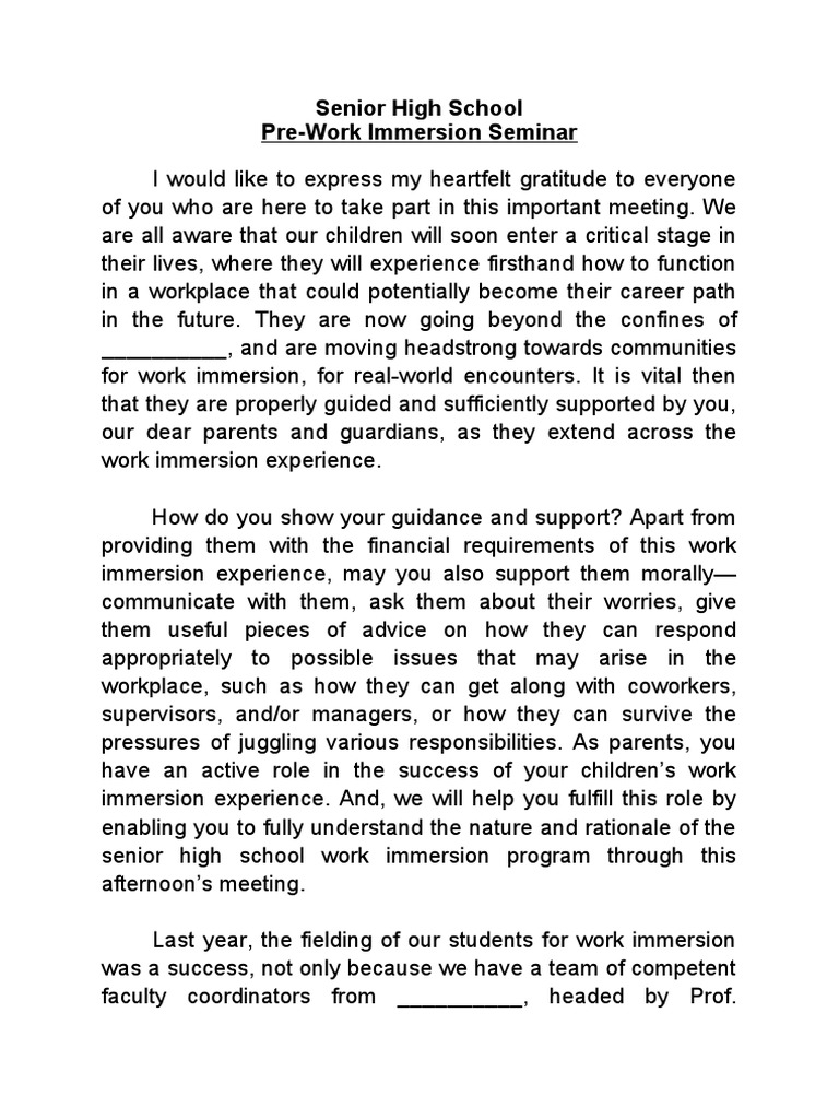 Senior High School - Pre-Work Immersion Seminar | PDF | Wellness