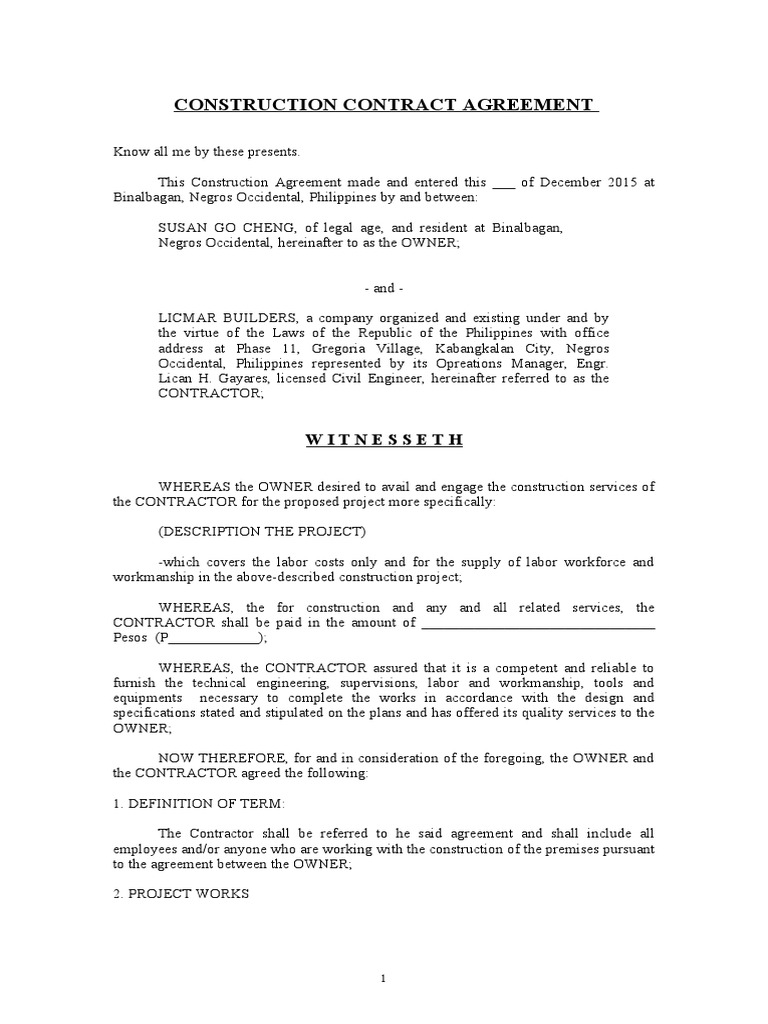 Construction Contract Agreement: Witnesseth | PDF | General Contractor ...
