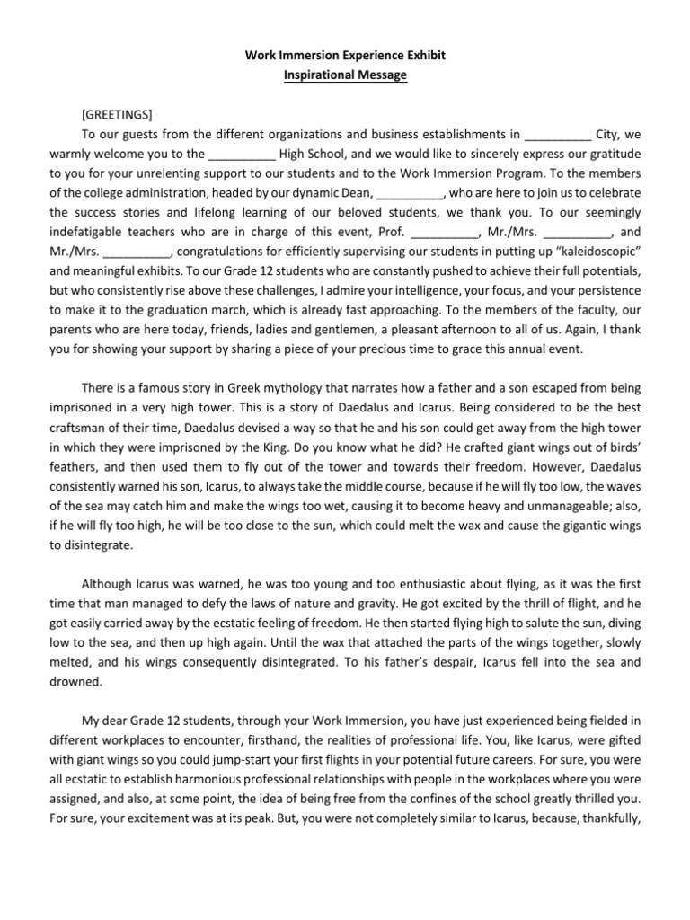 Inspirational Message During Work Immersion Exhibit | PDF