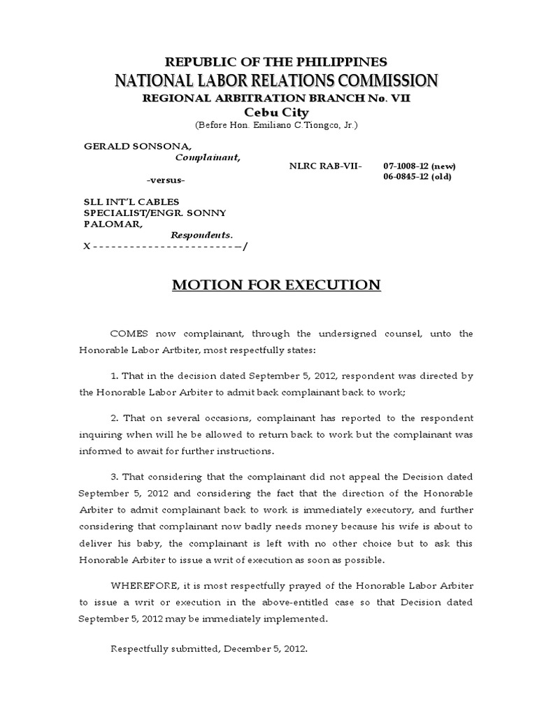Motion For Execution Sonsona | PDF | Business Law | Dispute Resolution