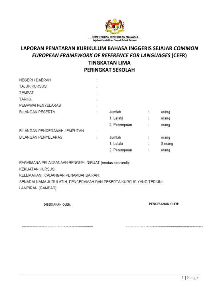 Borang Laporan Penataran Cefr SPM 2021 | PDF