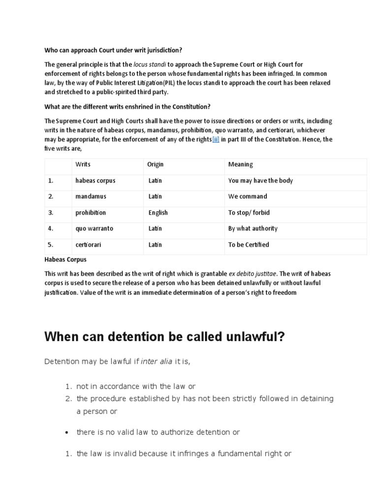 5 Types of Writs of The Constitution | PDF | Habeas Corpus | Writ