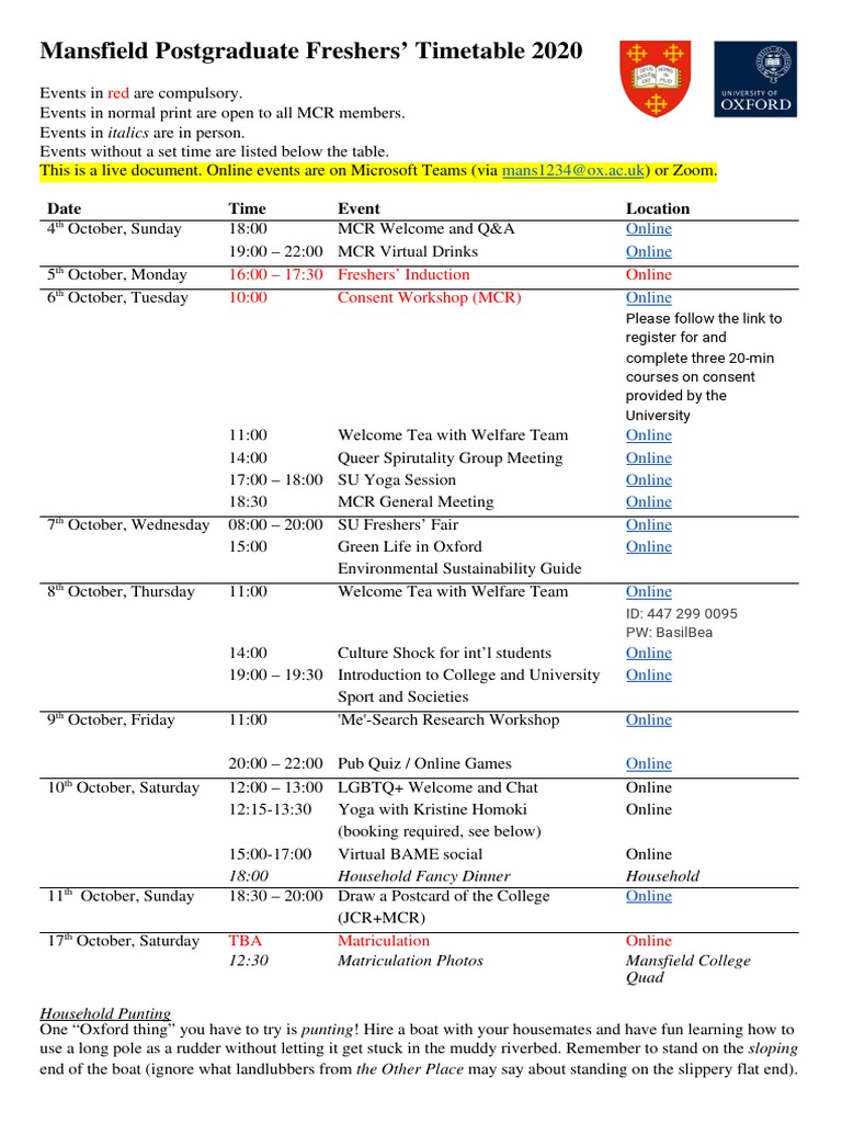 Mansfield Postgraduate Freshers' Timetable 2020: Date Time Event ...