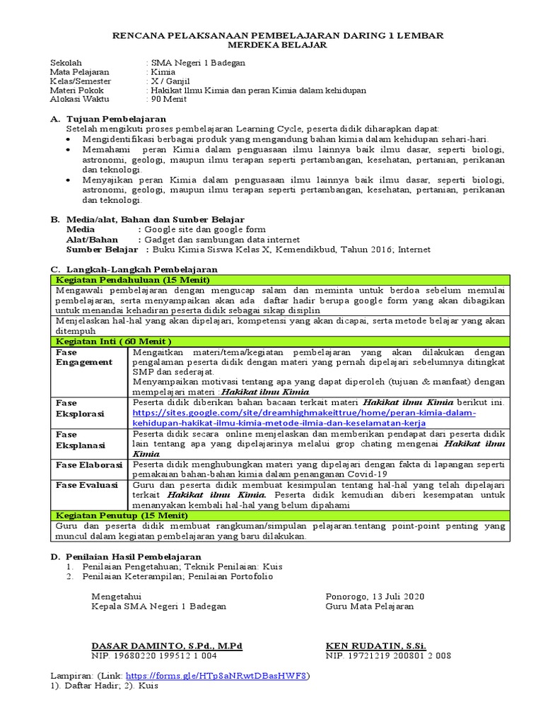 Contoh RPP 1 Lembar | PDF