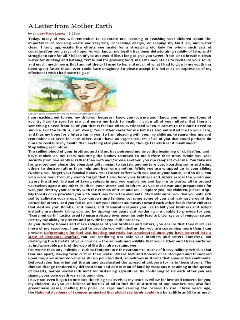 A Letter From Mother Earth | PDF | Deforestation | Sea