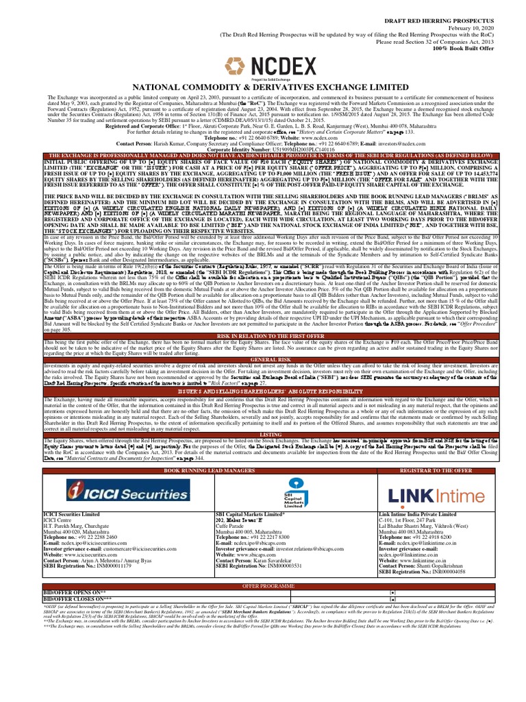 DRHP - Ncdex - 20200217180123 | PDF | Stocks | Securities (Finance)