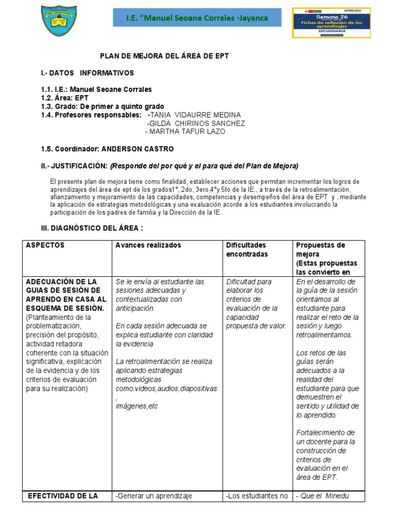 Esquema de Plan de Mejora 2020 | PDF | Evaluación | Aprendizaje