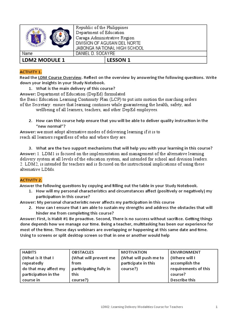 LDM2 - Module 1 Lesson 1 Akong Asnwer | PDF | Learning | Behavior Modification