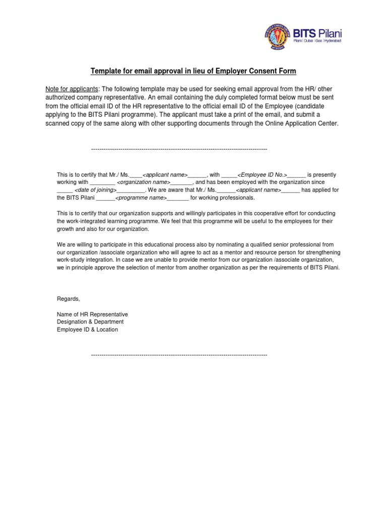 Templates For Email Approval in Lieu of Employer Consent Form PDF | PDF