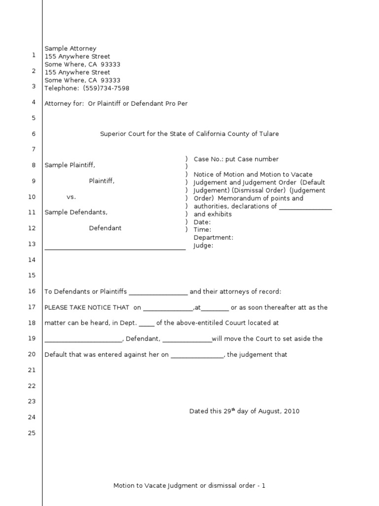 Sample Motion To Vacate | PDF | Judgment (Law) | United States Law
