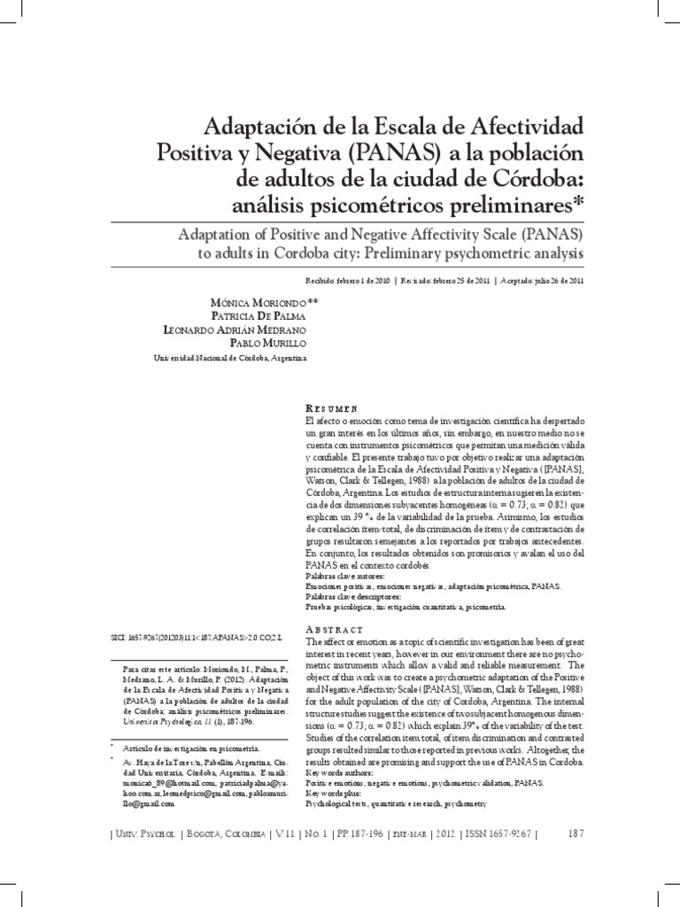 Escala Panas PDF | PDF | Las emociones | Calidad de vida