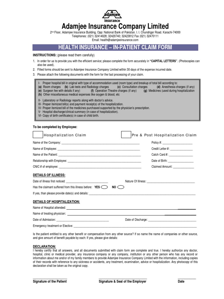Adamjee In-Patient Claim Form Guide | PDF | Hospital | Patient