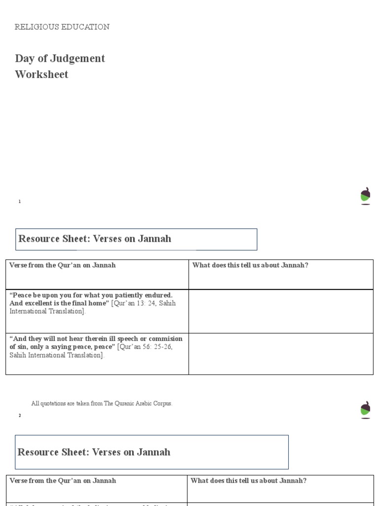 Day of Judgement Worksheet: Religious Education | PDF