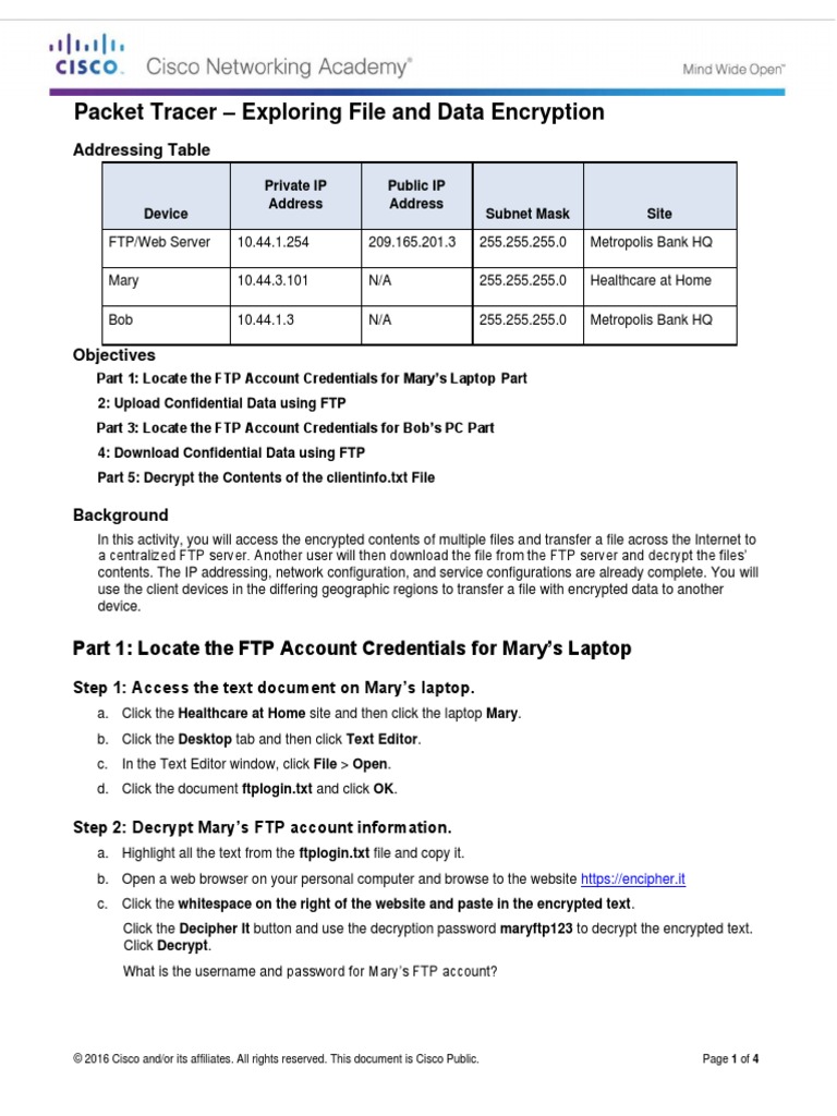 2.5.2.6 Packet Tracer - Exploring File and Data Encryption | File Transfer Protocol | Encryption