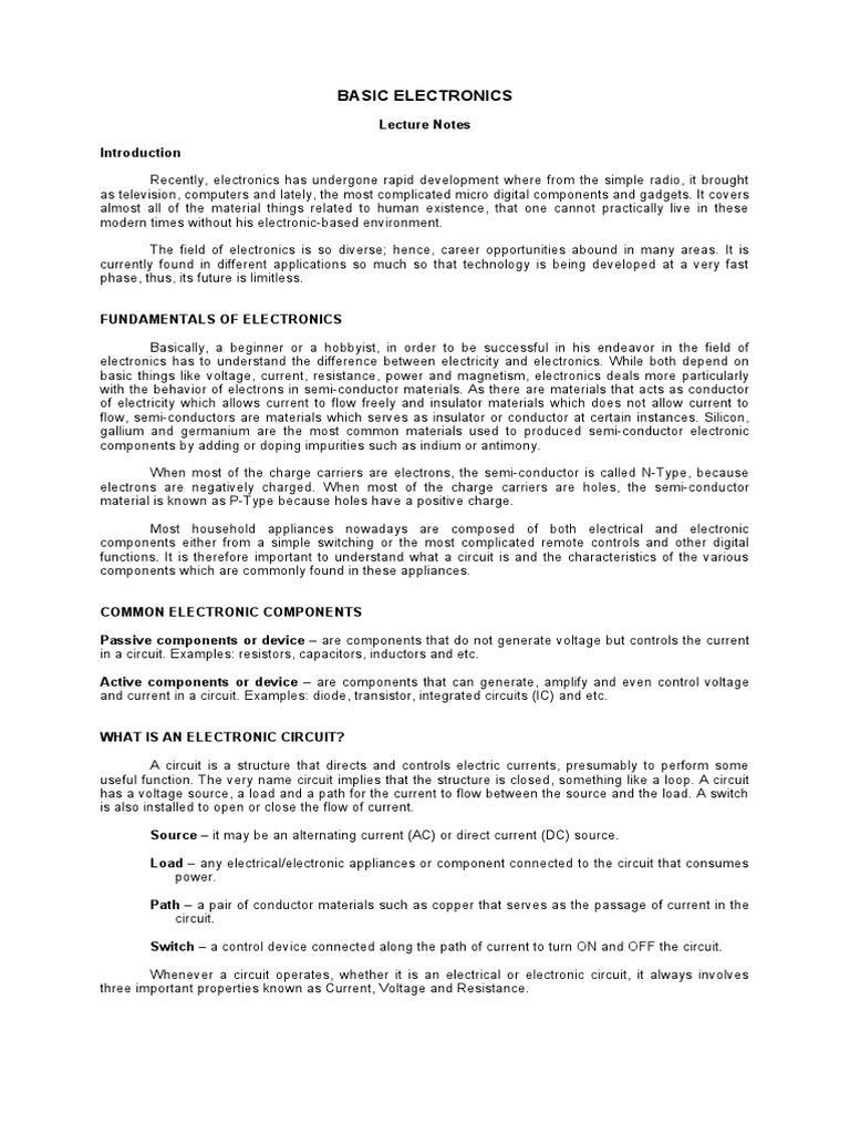 Basic Electronics | PDF | Voltage | Electrical Network