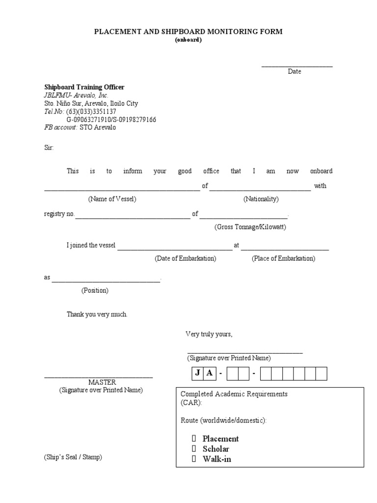 Placement and Shipboard Monitoring Form | PDF | Business