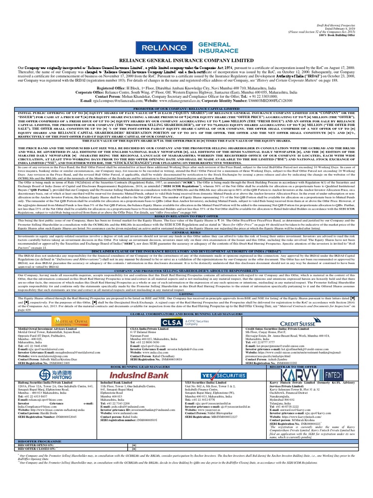 Reliance General Insurance IPO Prospectus | PDF | Stocks | Mutual Funds