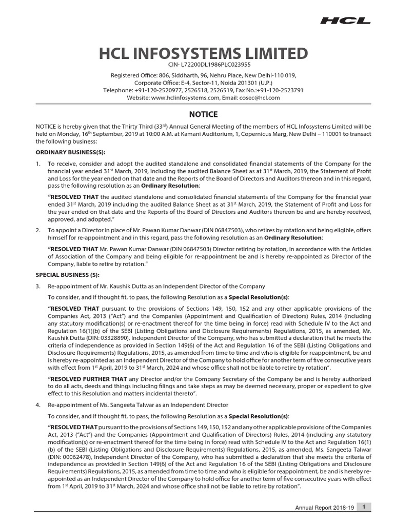 HCL Infosystems Limited: Notice | PDF | Proxy Voting | Corporate Law