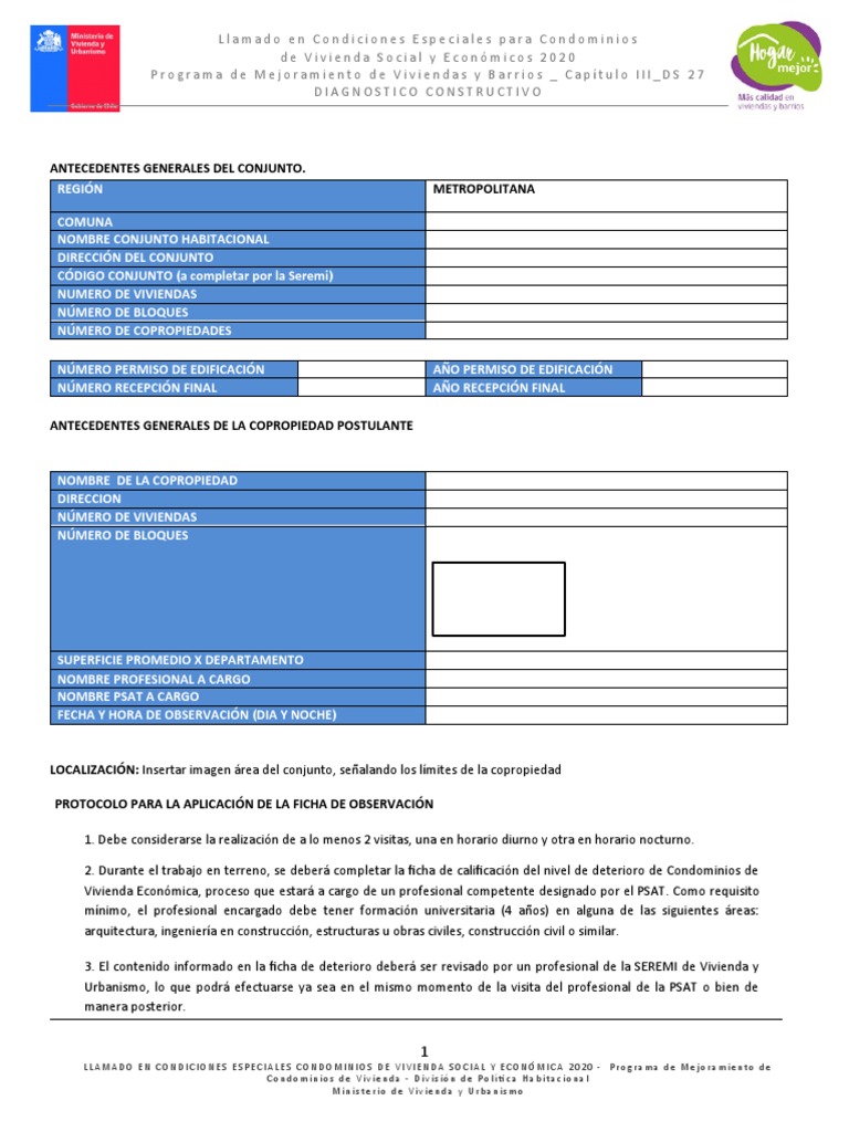 Ficha de Diagnostico Constructivo - DS27 - 2020 | PDF | Techo | Condominio