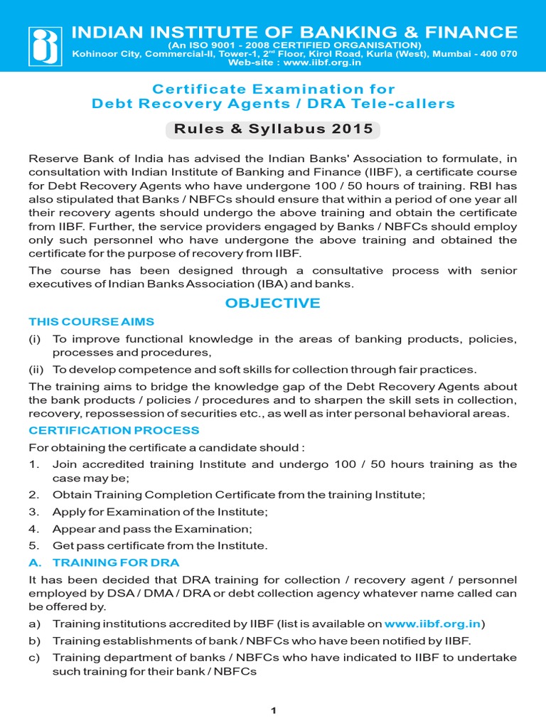 Indian Institute of Banking & Finance: Certificate Examination For Debt ...