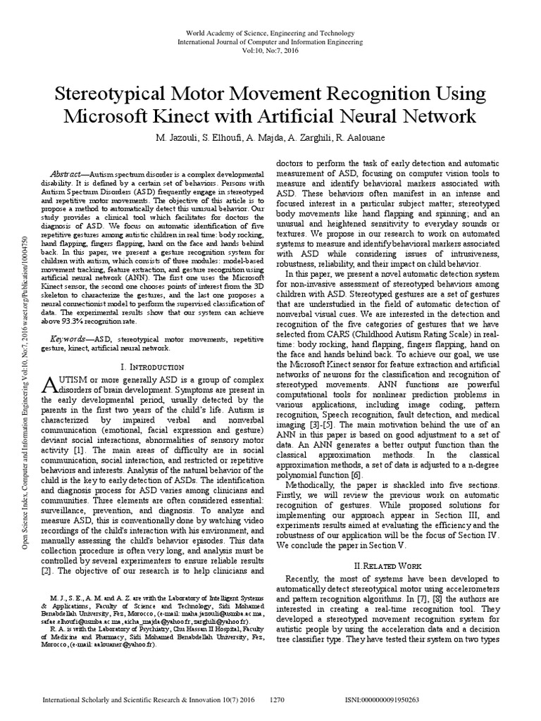 Stereotypical Motor Movement Recognition Using Microsoft Kinect With Artificial Neural Network ...