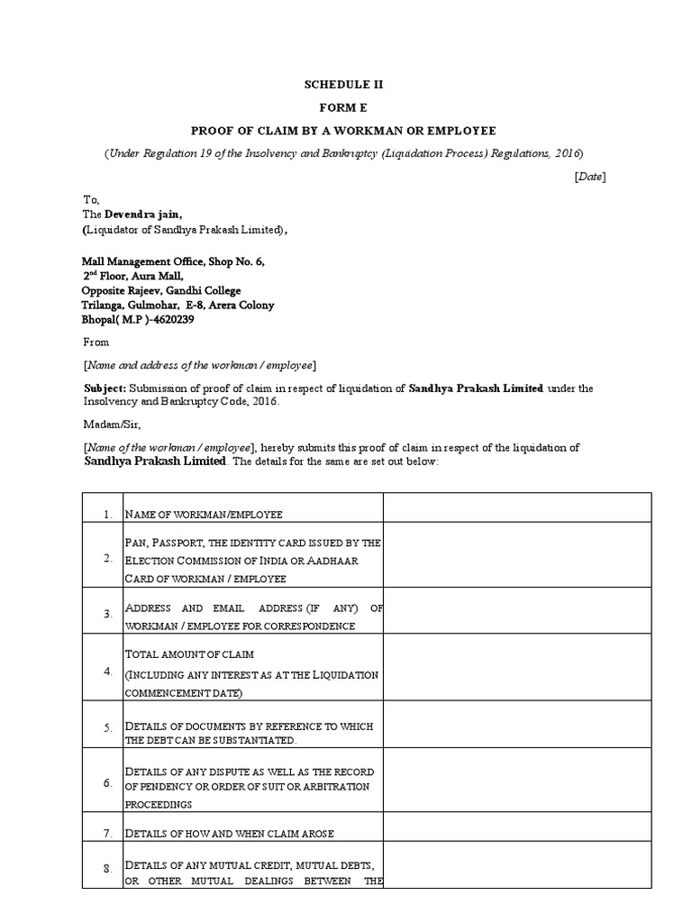 Schedule Ii Form E Proof of Claim by A Workman or Employee: Sandhya Prakash Limited | Download ...
